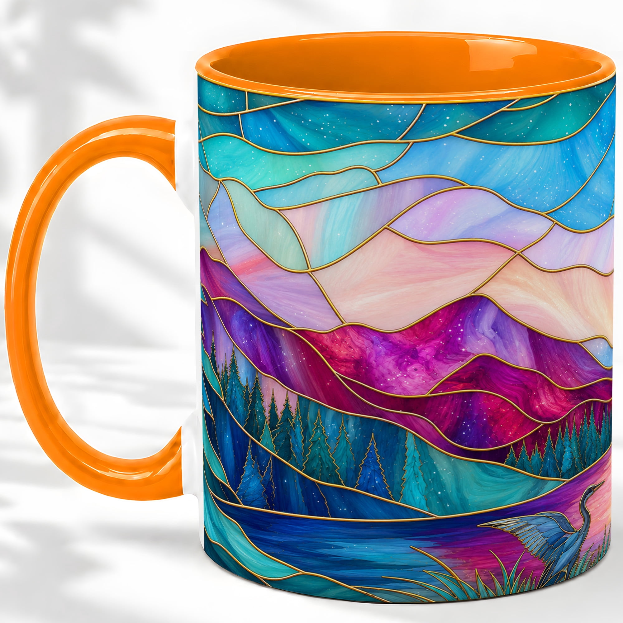 Aurora Mountain Coffee Mug, Stained Glass Forest Lake Art, Nature Decor ...