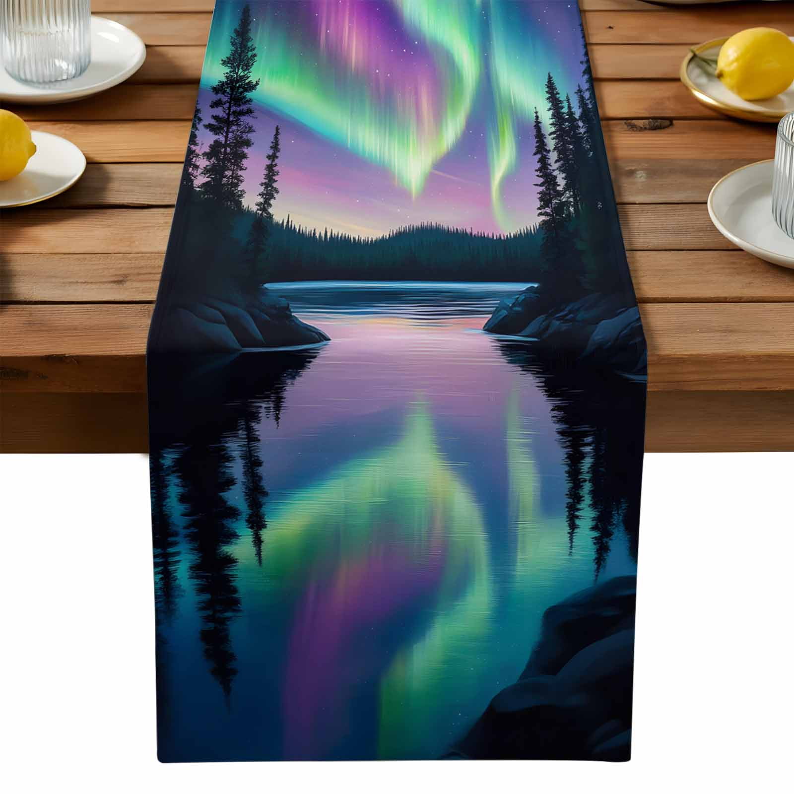 Aurora Night Sky Table Runner, Nature Scenery Cotton Linen Tablecloth ...