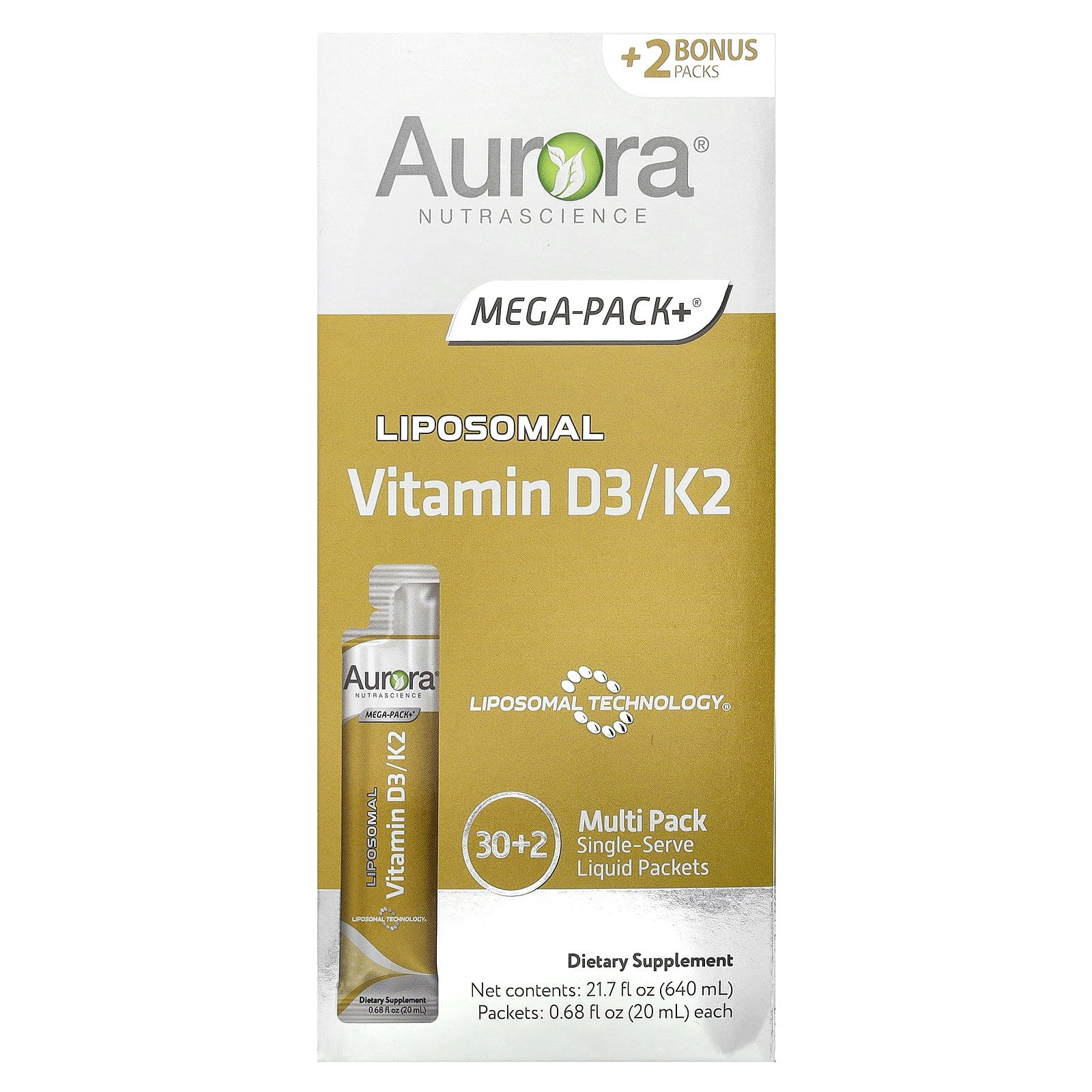 Aurora Nutrascience Liposomal Vitamin D3/K2, 32 Packets, 0.68 fl oz (20 ml) Each - Walmart.com