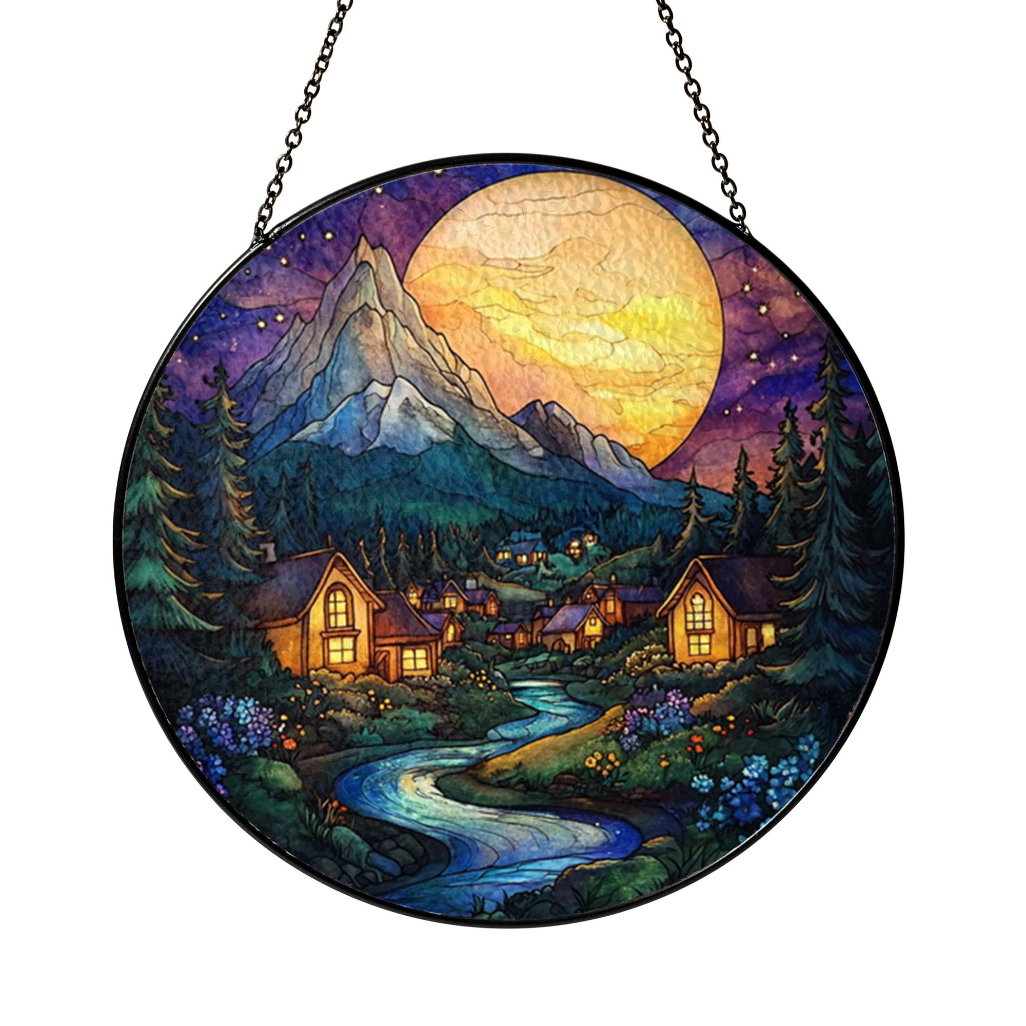 Aurora Sky Fantasy Stained Glass Suncatcher, Moonlit Castle River ...