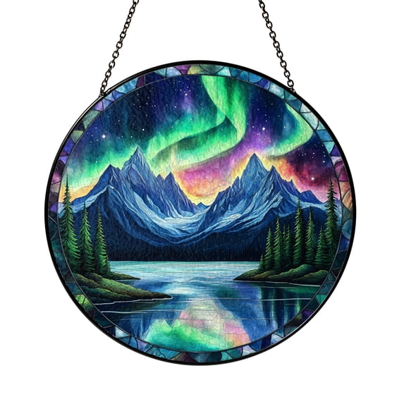 Aurora Sky Over Mountain Lake Stained Glass Style Window Hanging ...