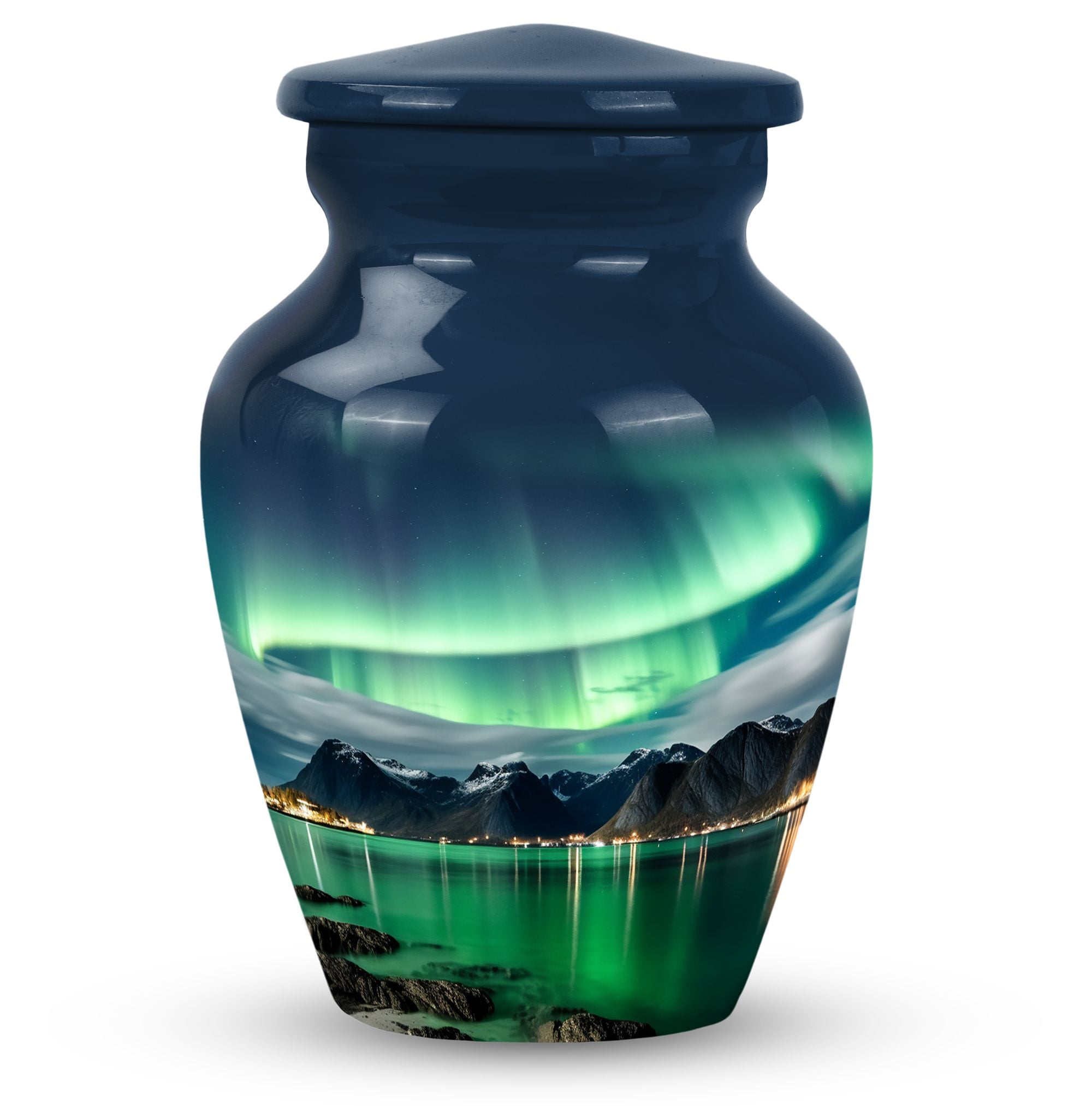 Aurora's Luminous Cascade Above Arctic Village - Compact Cremation Urn ...