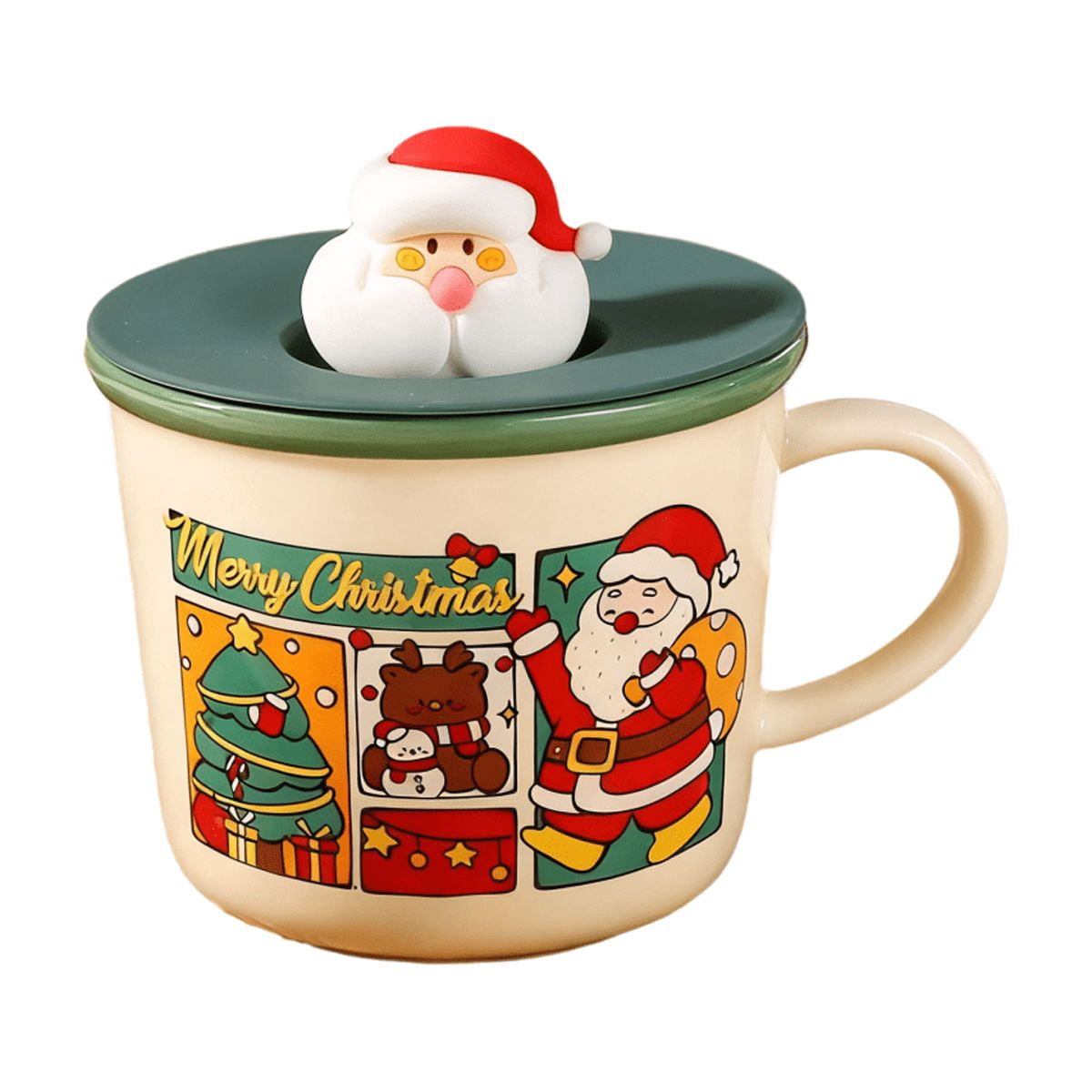 AuroraX 12 Oz Christmas Mugs with Lid Cute Ceramic Novelty Travel Santa ...