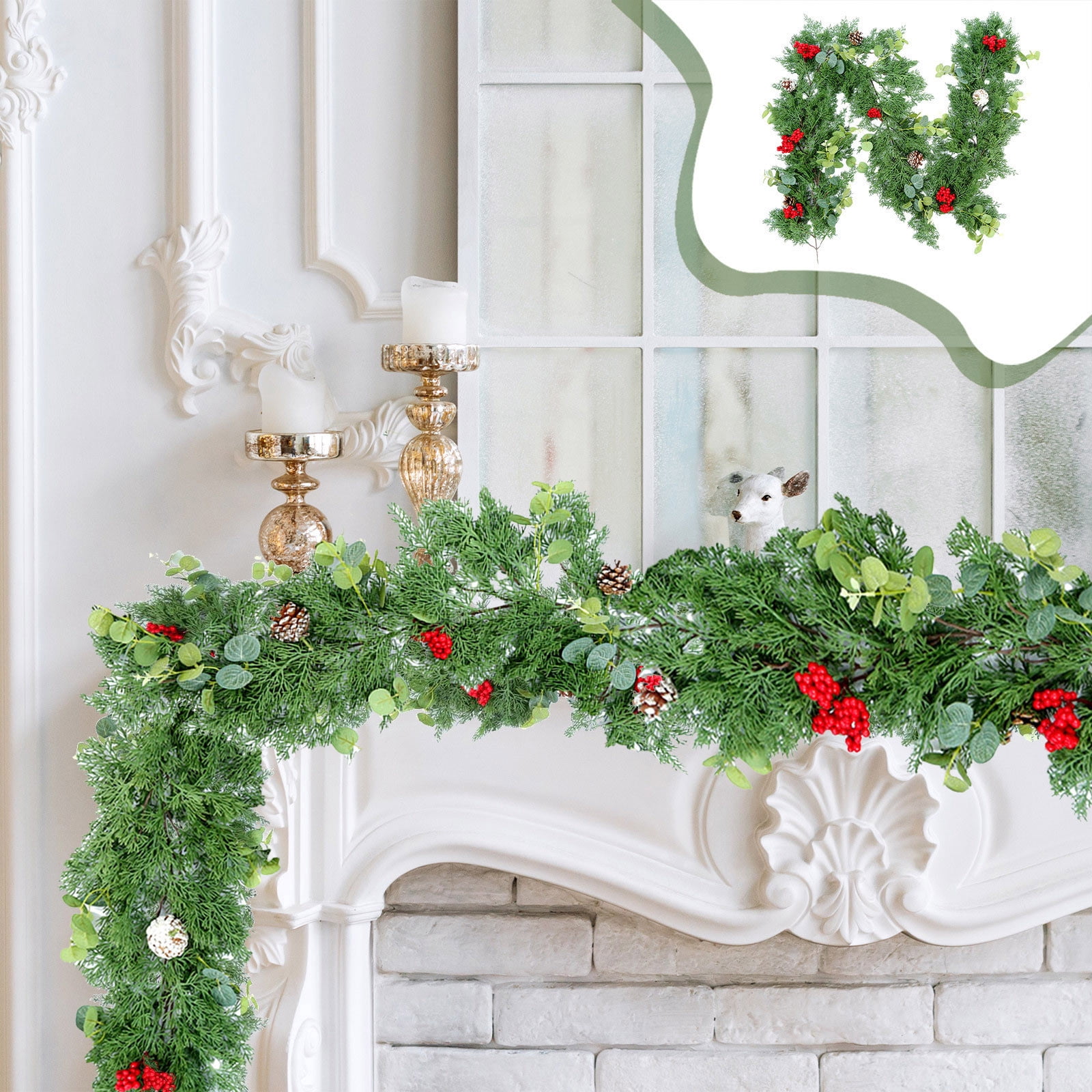 AuroraX 6.6 Ft Eucalyptus Garland with Red Berry Pine Cone,Full Faux ...