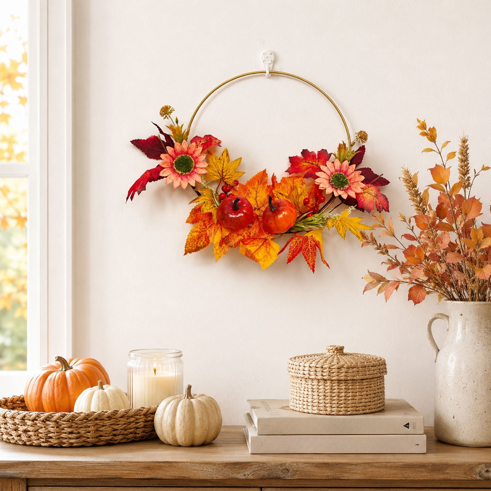 AuroraX Artificial Sunflower Pumpkin Wreath Faux Autumn Maple Wreath ...