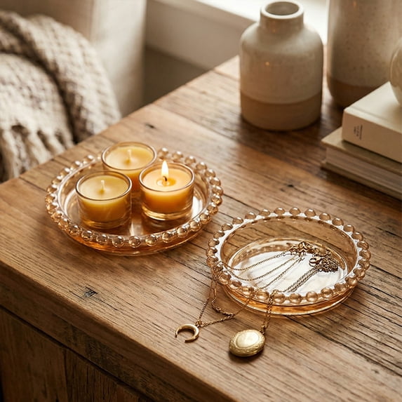 AuroraX Beaded Glass Jewelry Tray Round Candle Holder Tray Handmade ...