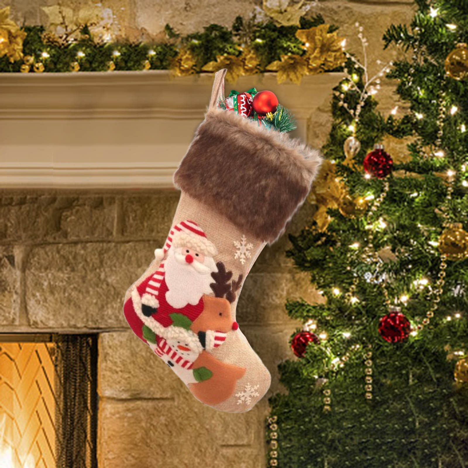 AuroraX Brown Stylish Embroidered Christmas Stocking Plush Stockings ...