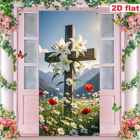 AuroraX Cross Front Door Cover Holiday Easter Door Decals,Decorative ...
