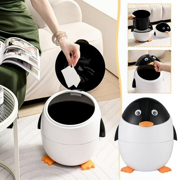AuroraX Cute Small Trash Can Funny Penguin Wastebasket Art Deco Plastic ...
