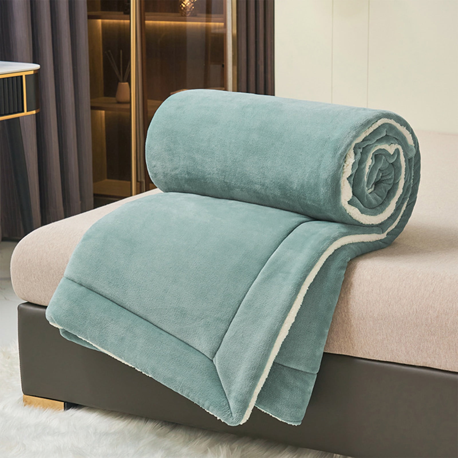 AuroraX Double Layer Solid Fleece Quilted Throw Blanket Blue Soft ...