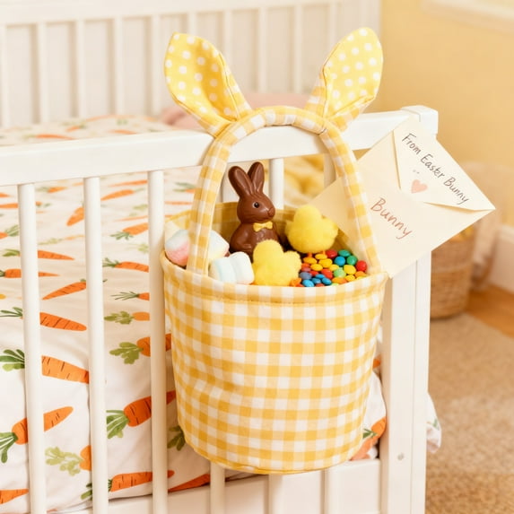 AuroraX Easter Basket with Cute Bunny Ears Soft Gingham Easter Egg Hunt ...