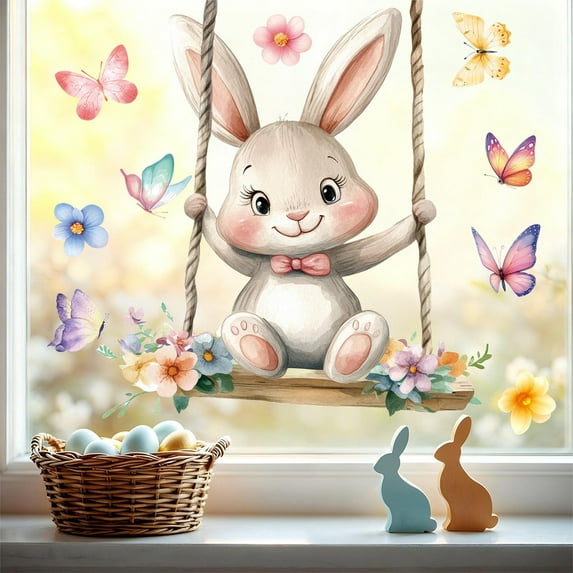 AuroraX Easter Bunny Window Clings Cute Rabbit On Swing Static Stickers ...