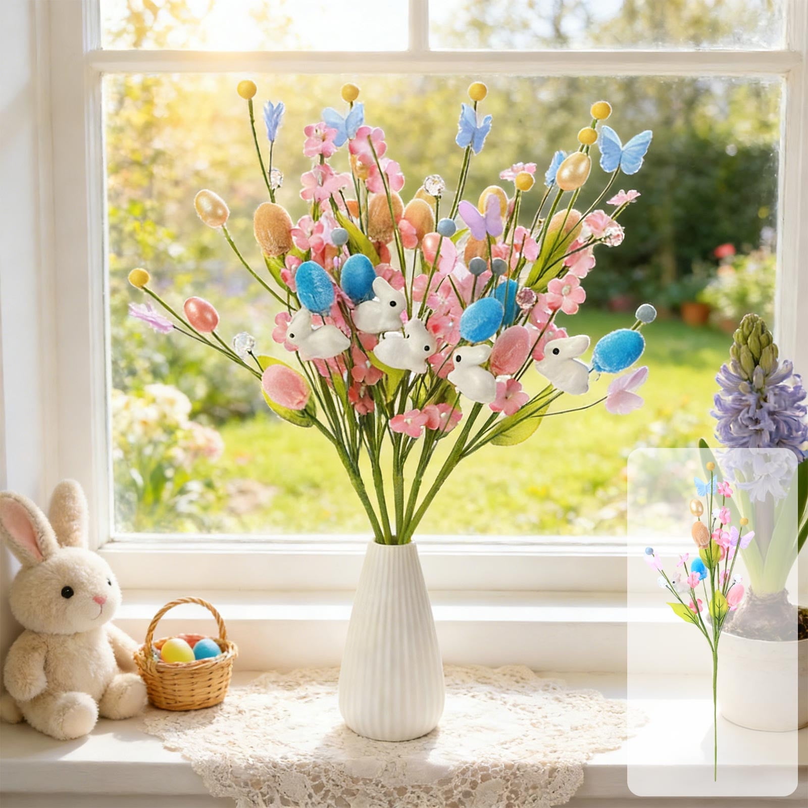 AuroraX Easter Bunny and Eggs Floral Picks Artificial Stems with Berry ...