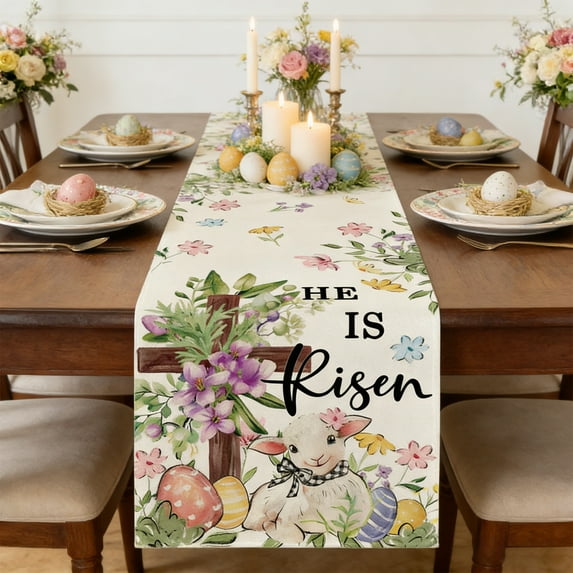 AuroraX Easter Table Runner 47 x 13 Inch Linen Bunny and Striped Egg ...