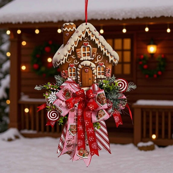 AuroraX Hanging Decorations Bow Gingerbread House Wreath Ribbon Christmas Ornament for Christmas ...