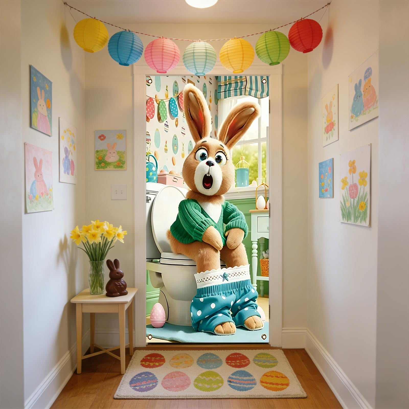 AuroraX Holiday Front Door Cover Easter Bunny Door Decals,Decorative 3D ...