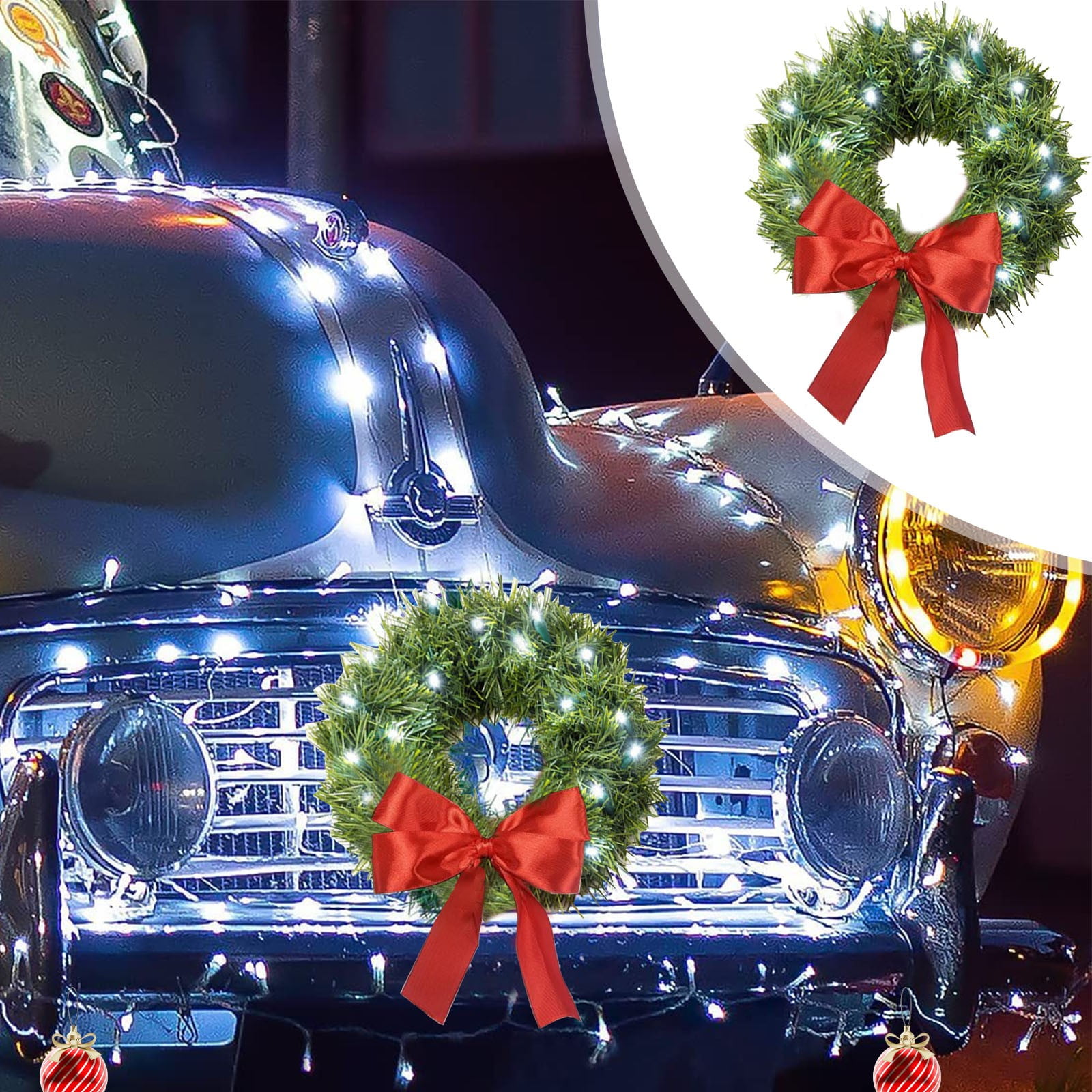 AuroraX Lighted Christmas Wreaths Bow String Lights Green Car ...