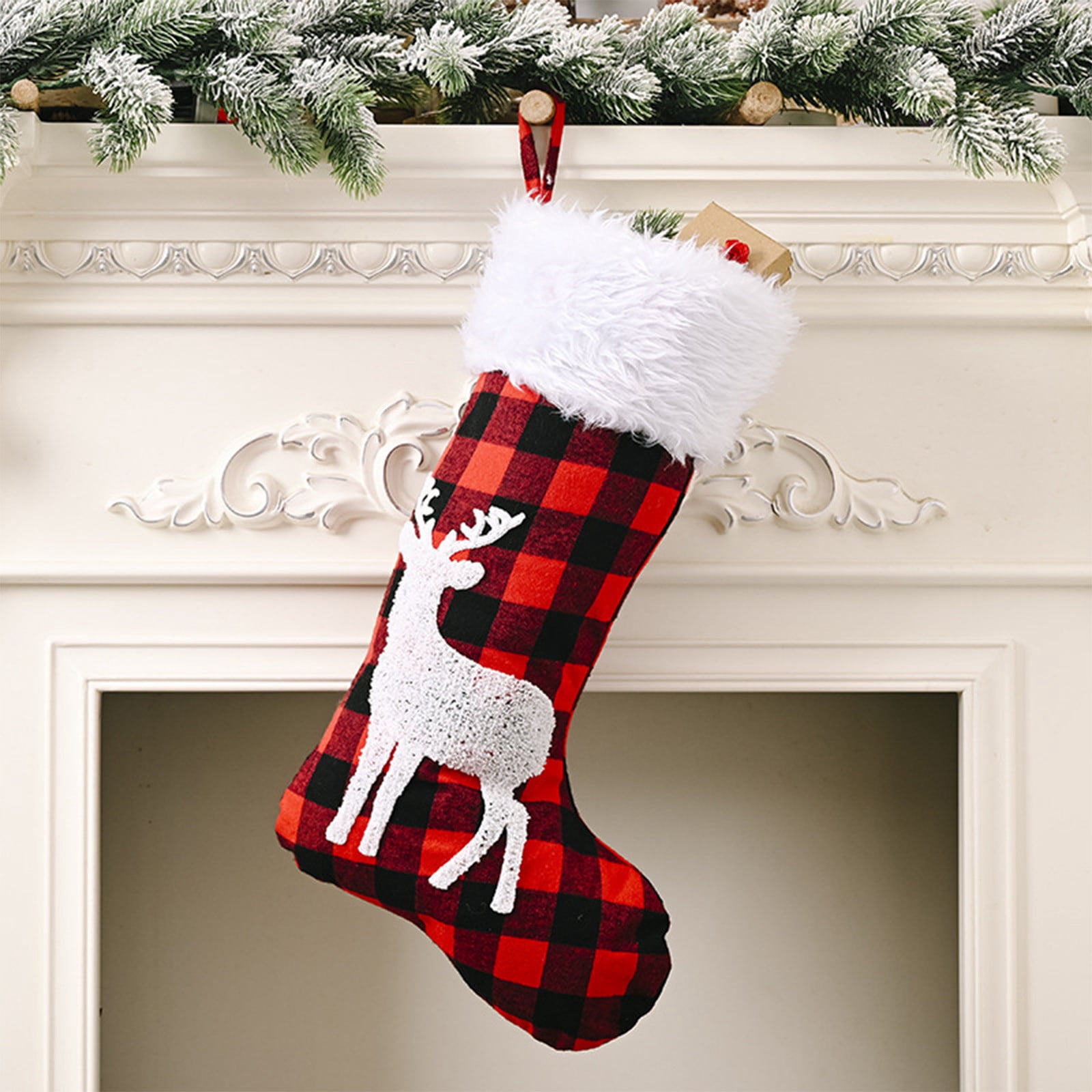 AuroraX Plaid Christmas Stocking Traditional Plush White Faux Fur Trim ...