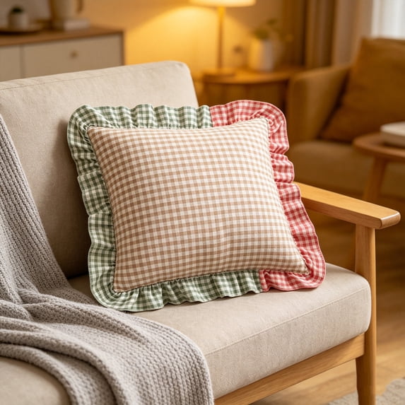 AuroraX Plaid Throw Pillow Ruffled Decorative Cushion 18x18 Inches ...