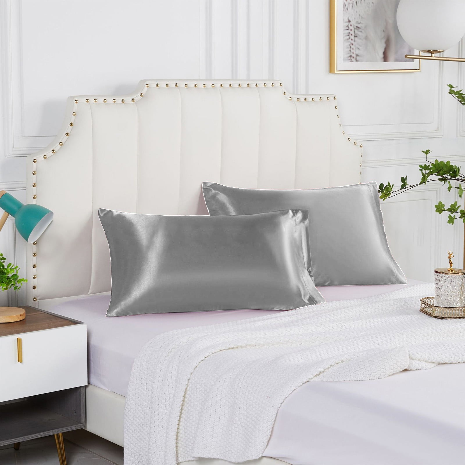 AuroraX Queen Pillow Cases Set Of 2 Satin Silver Stain Protection Silk ...