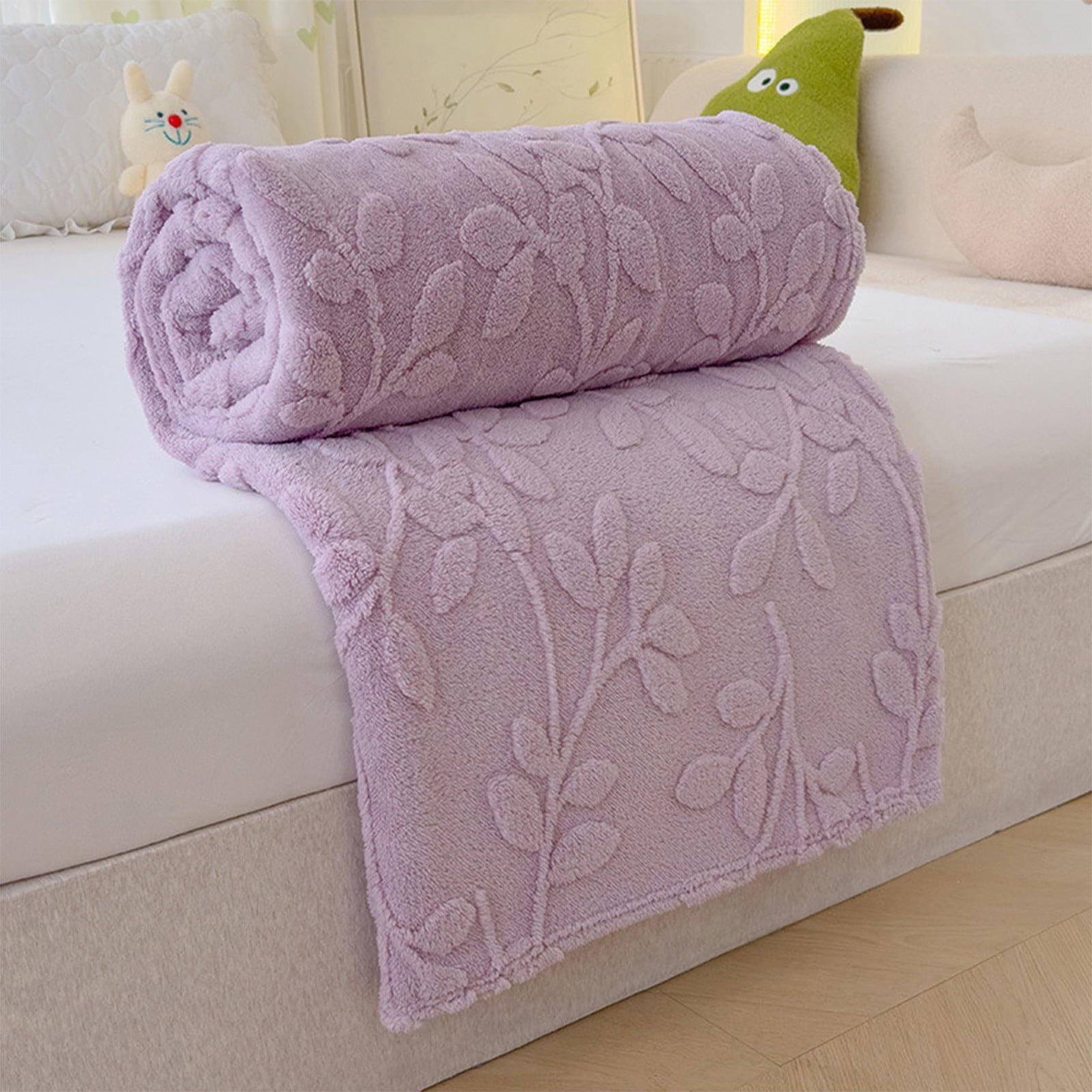 AuroraX Solid Color Jacquard Fleece Throw Blanket Purple Soft Warm ...