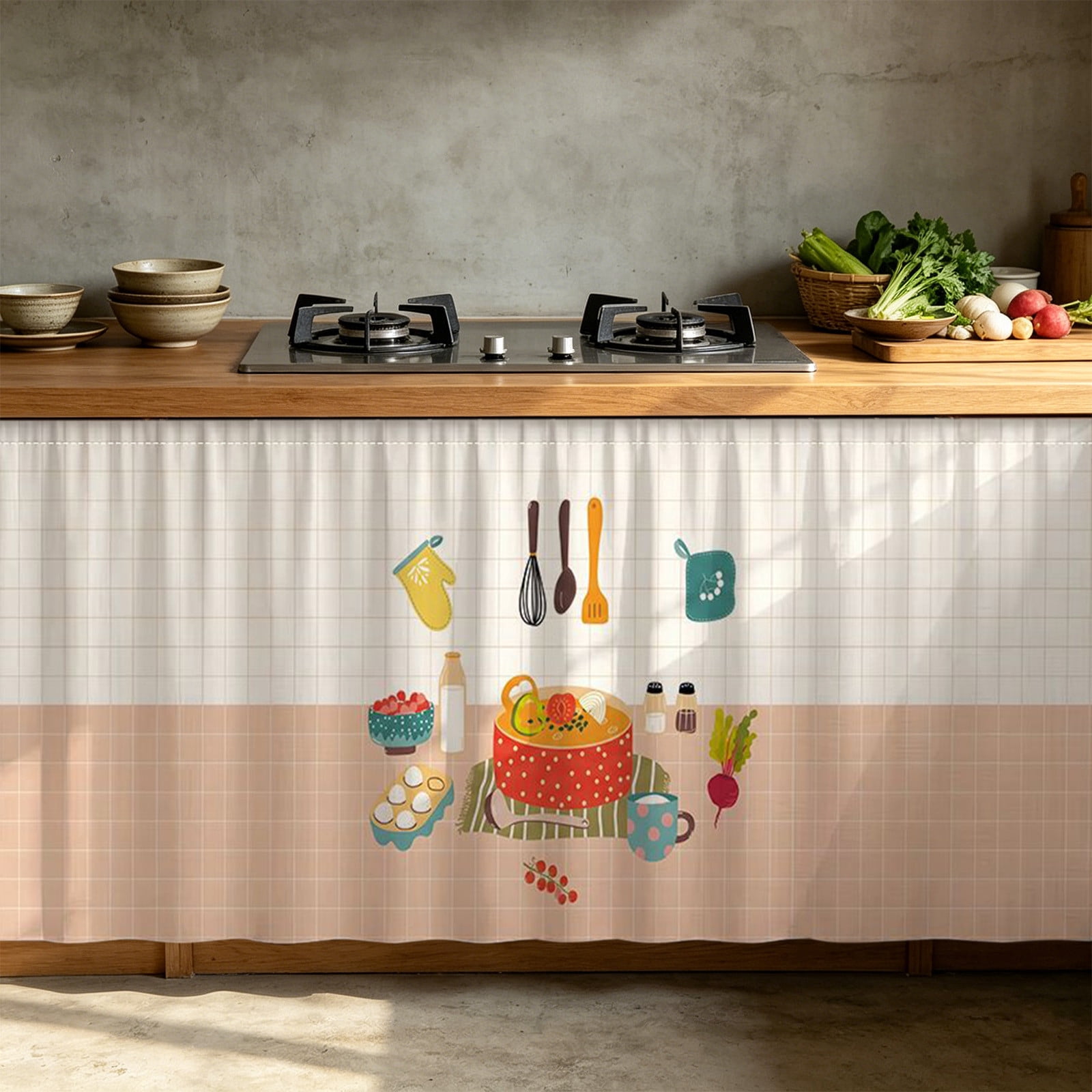 AuroraX Utensil Print Kitchen Curtain No Sew Curtain Self-Adhesive Dust ...