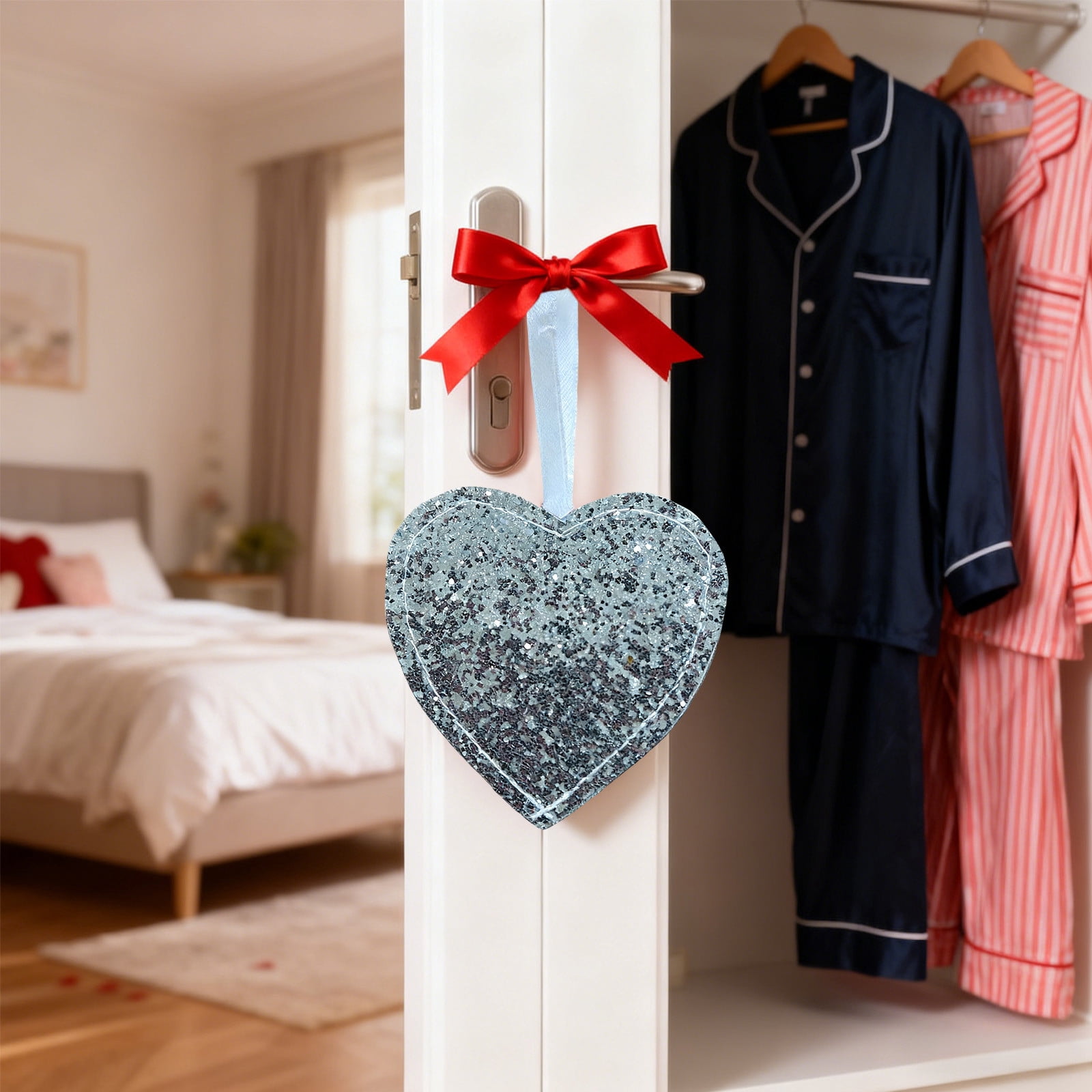 AuroraX Valentines Day Decor Silver Glitter Heart Hanging ornament ...