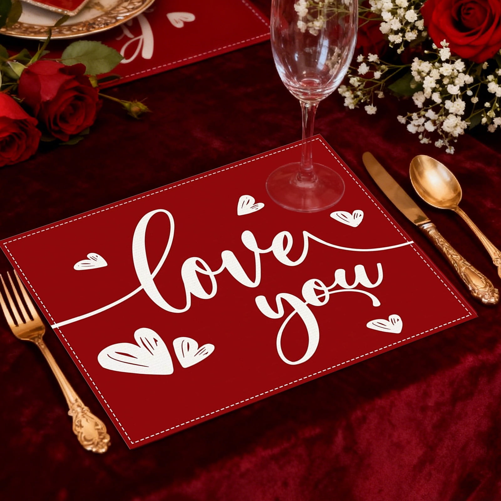 AuroraX Valentines Day Placemat 12"x18" Red Linen Table Mat Decorative ...