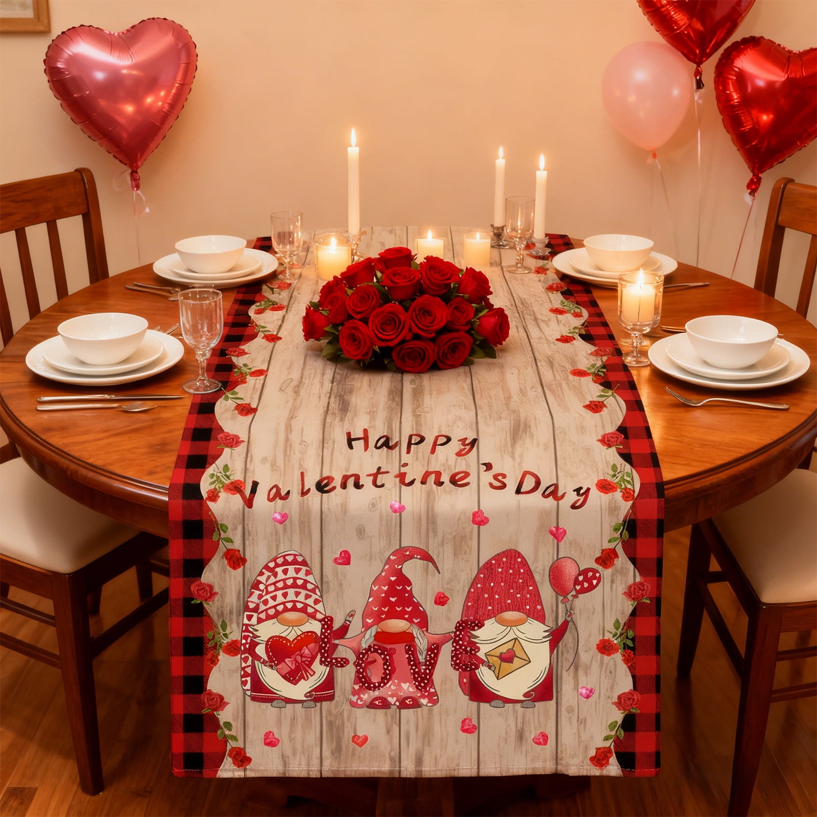 AuroraX Valentines Day Table Runner 72 Inch Roses Heart Print Linen ...
