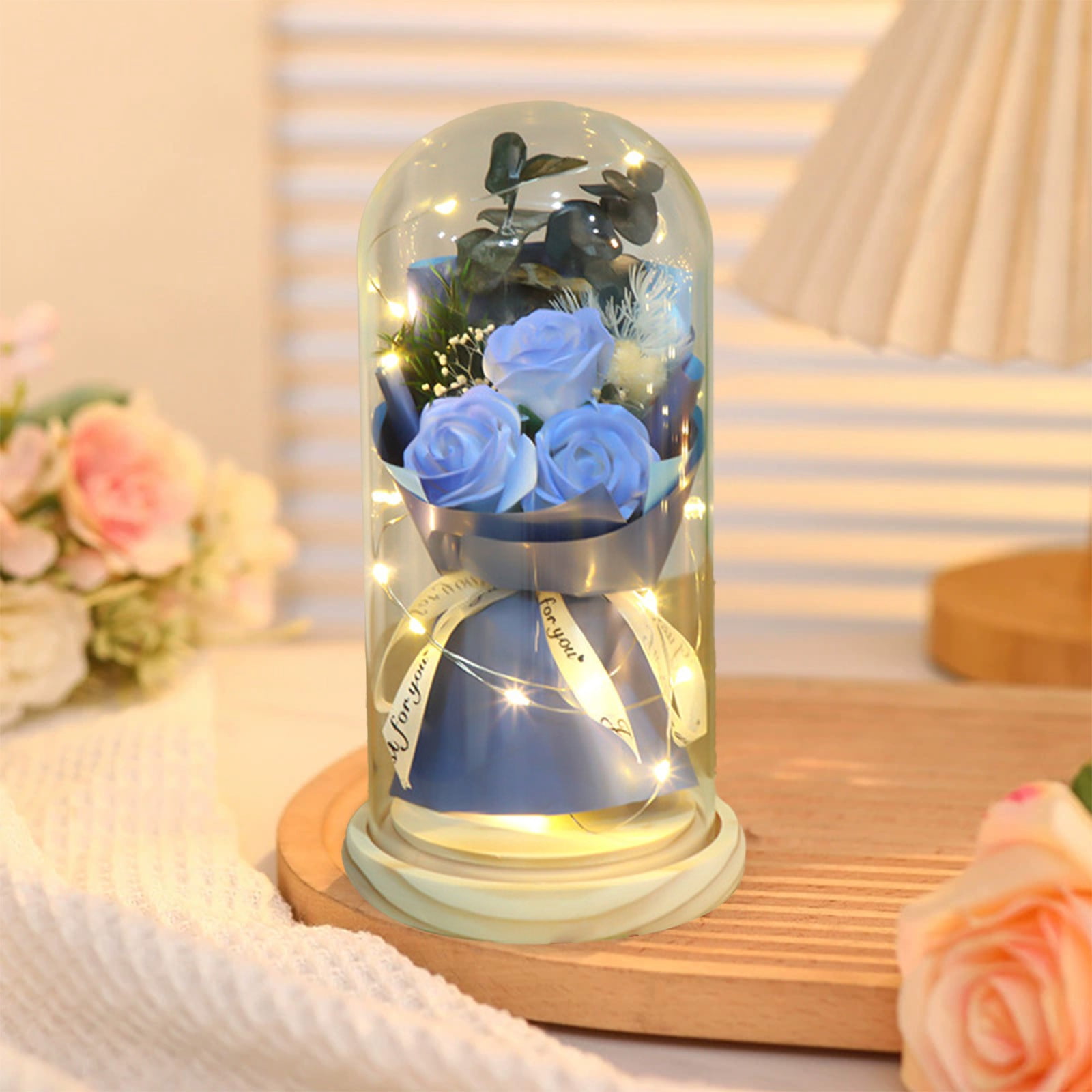 AuroraX Valentines Day Tabletop Blue Preserved Rose Flower Bouquet In ...
