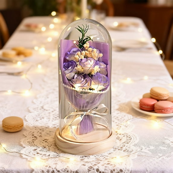 AuroraX Valentines Day Tabletop Purple Rose In Glass Dome with Led ...