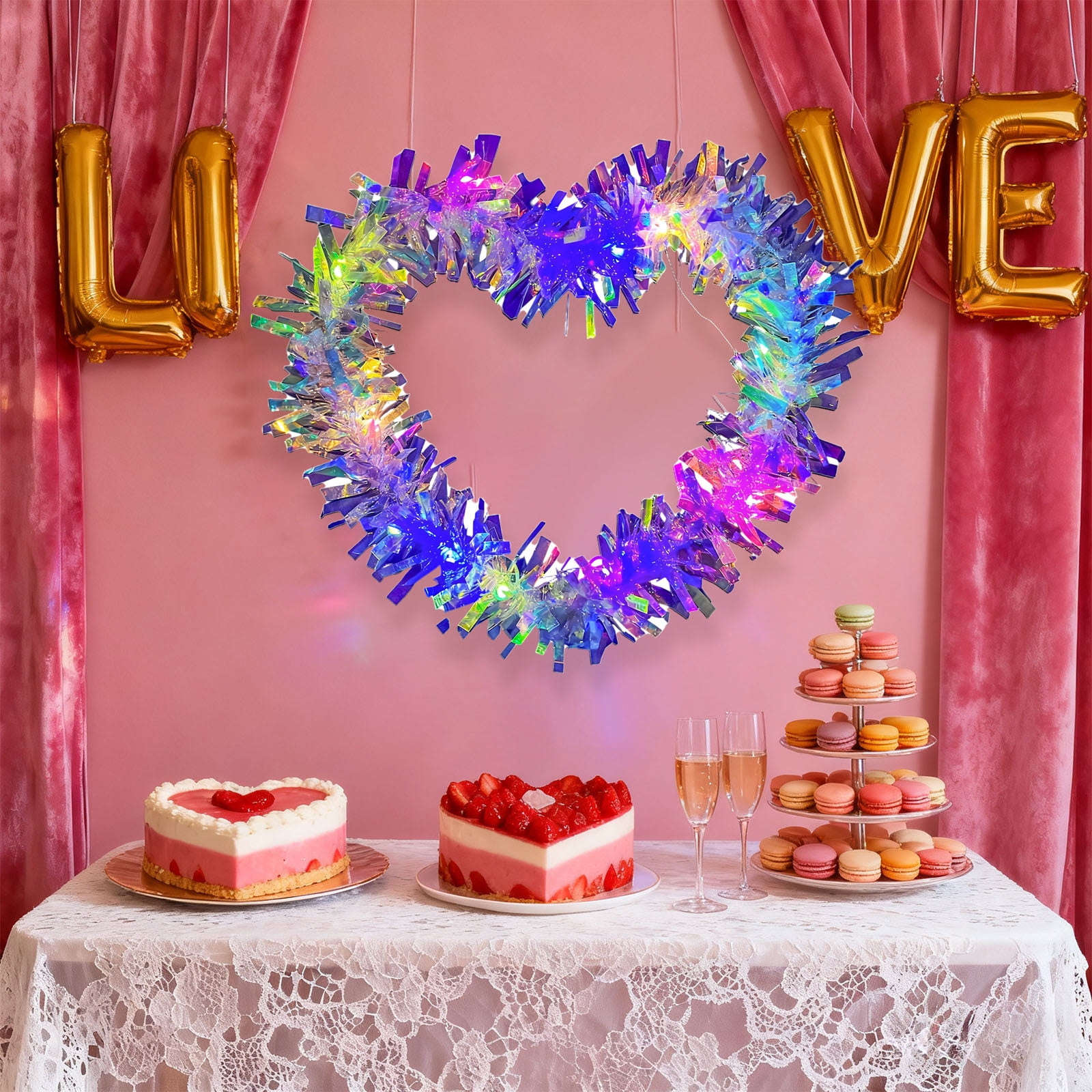 AuroraX Valentines Day Tinsel Wreath 12 Inch Wall Hanging Pre-Lit Heart ...