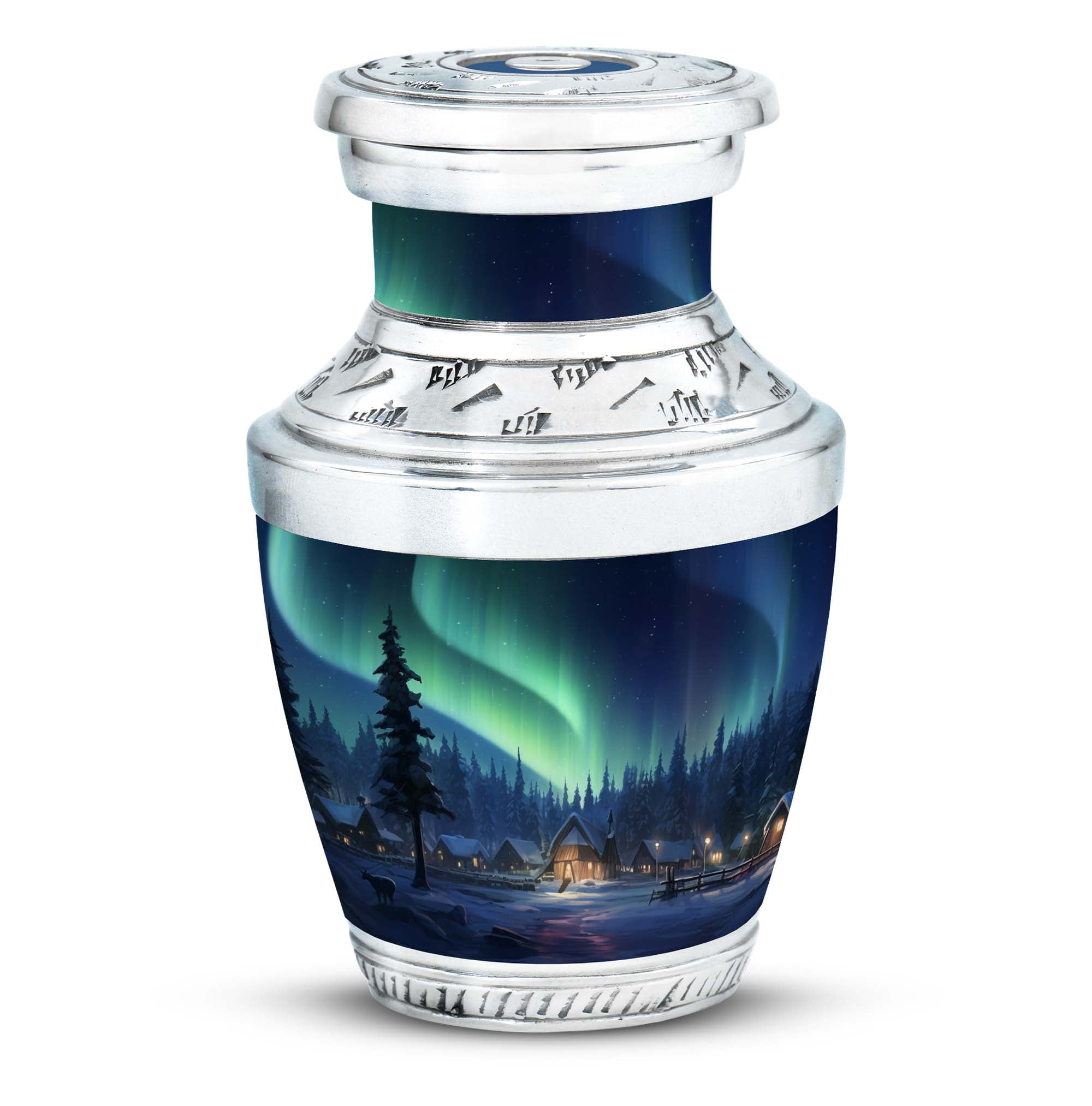 Auroras above Snowy Village - Keepsake Urn for Men - Unique Mini Ash ...