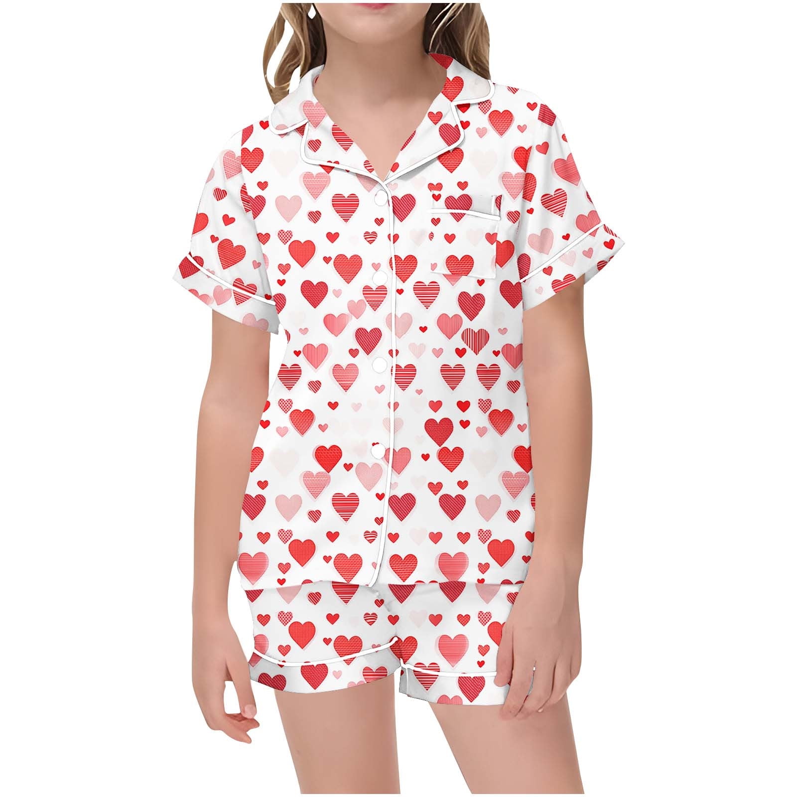 Auroural Childrens Pajamas Girls Button Front Pajama Top & Shorts Set, Heart Shaped Print， 2 ...