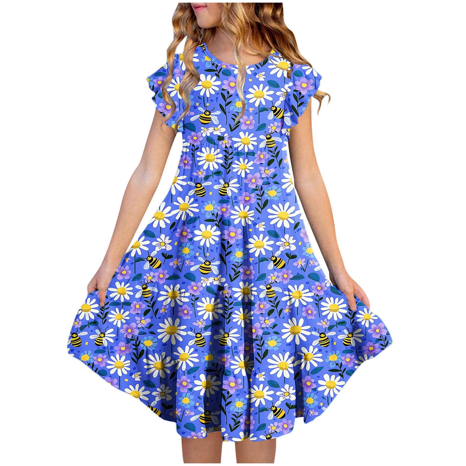 Auroural Girls Dresses Size 6 Girls' Summer Flower Print Short Sleeve ...