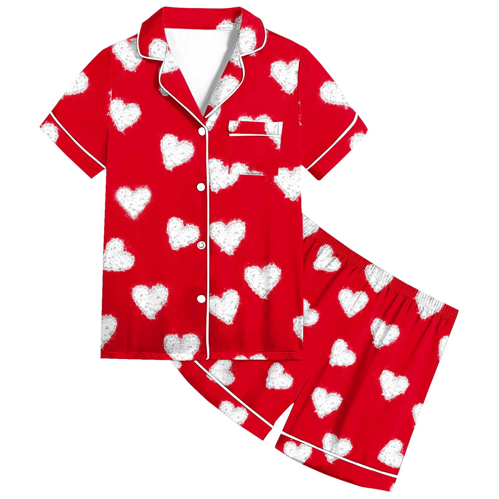 Auroural Kids Pajama Shorts Girls Button Front Pajama Top & Shorts Set, Heart Shaped Print， 2 ...
