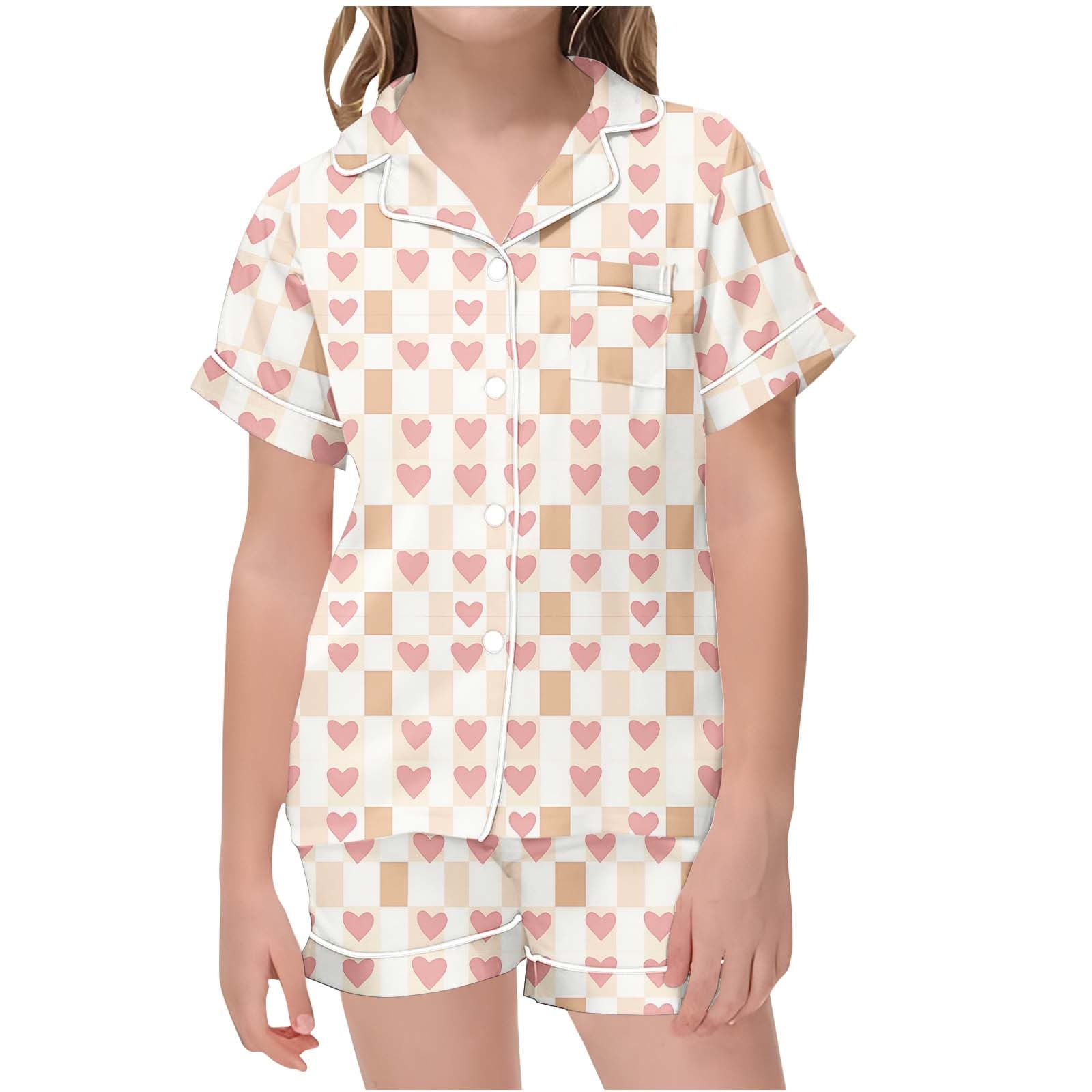 Auroural Kids Sleepwear Girls 12-13 Girls Button Front Pajama Top & Shorts Set, Heart Shaped ...
