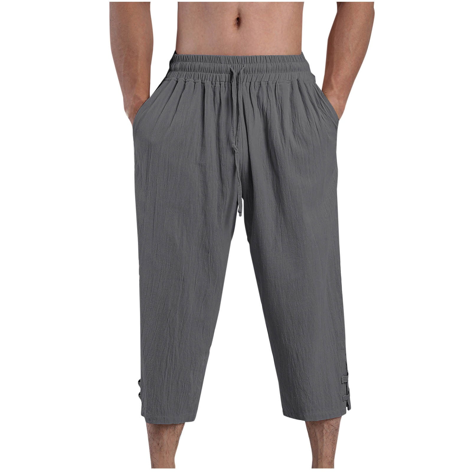 Aursykel Cotton Linen Pants for Men Capri Pants Loose Fitting Cropped ...