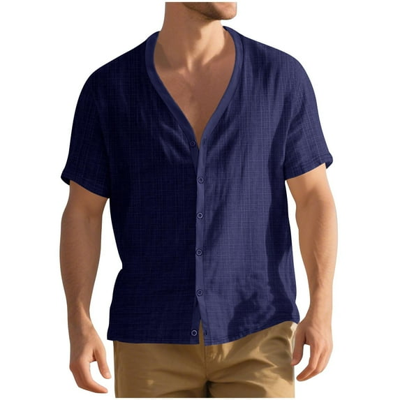 Aursykel Men's Casual Shirts with Button V Neck Textured Short Sleeve ...