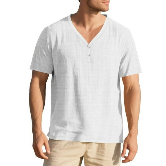 Aursykel Men's Casual Shirts with Button V Neck Textured Short Sleeve ...