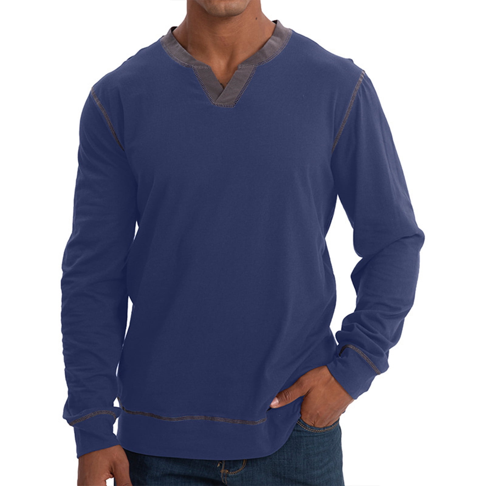 Aursykel Men's Long Sleeve Shirts V Neck Clothes Solid Color Top Casual ...
