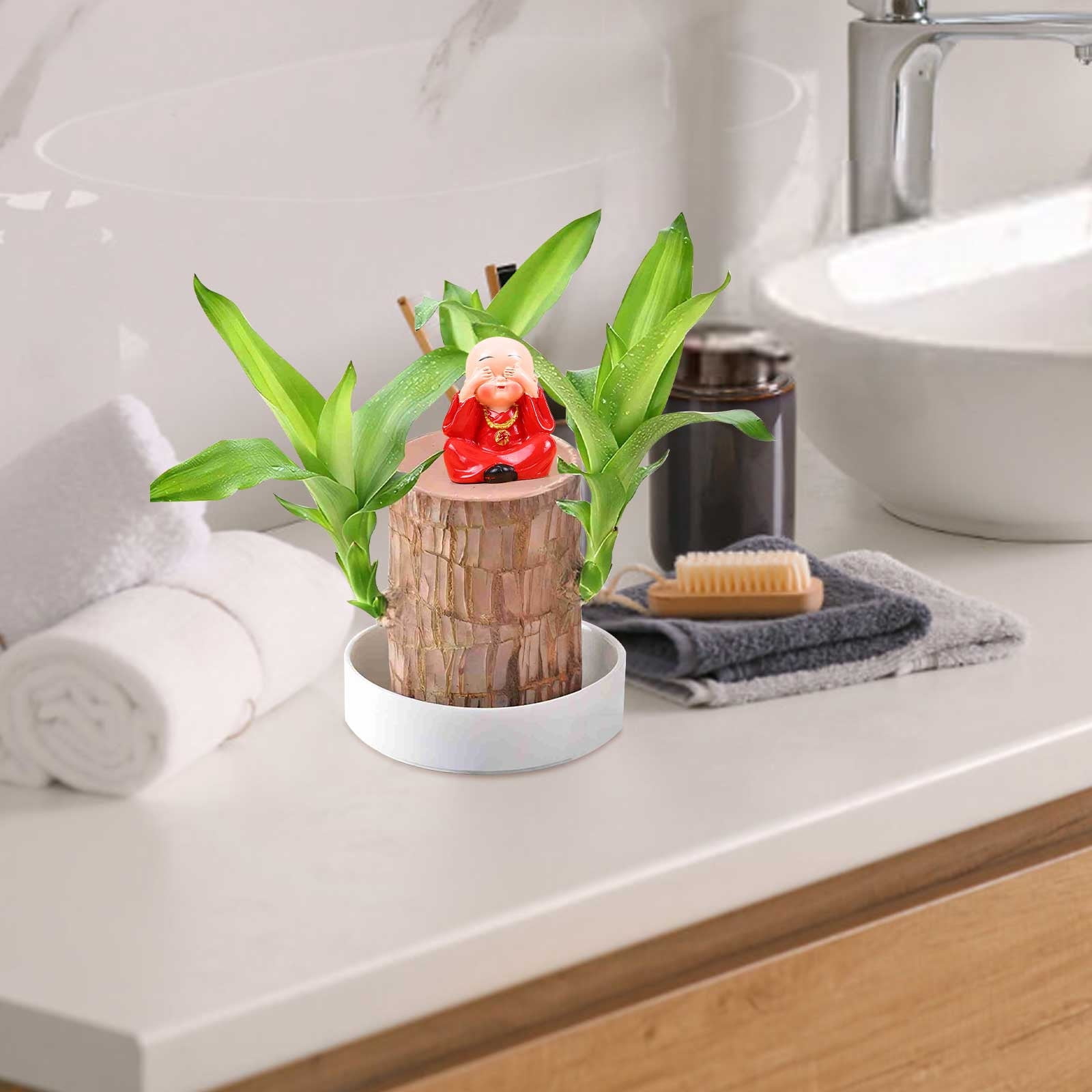 Aursykel Mini Monk Resin Ornament with Plant Simulated Leaf Desk Decor ...