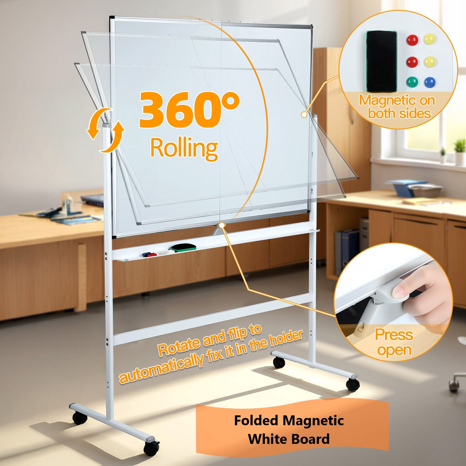 AurumEdge Rolling Dry Erase Whiteboard, 90x120cm Double-Sided White ...