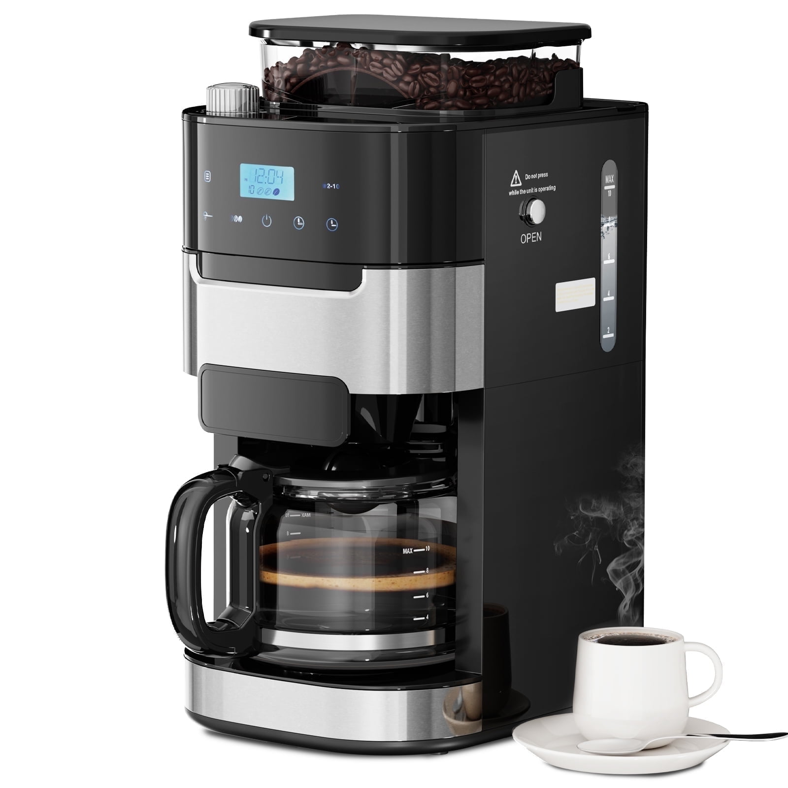 Auseo 10-Cup Drip Coffee Maker with Grinder, Automatic Brew, 3 Brew ...