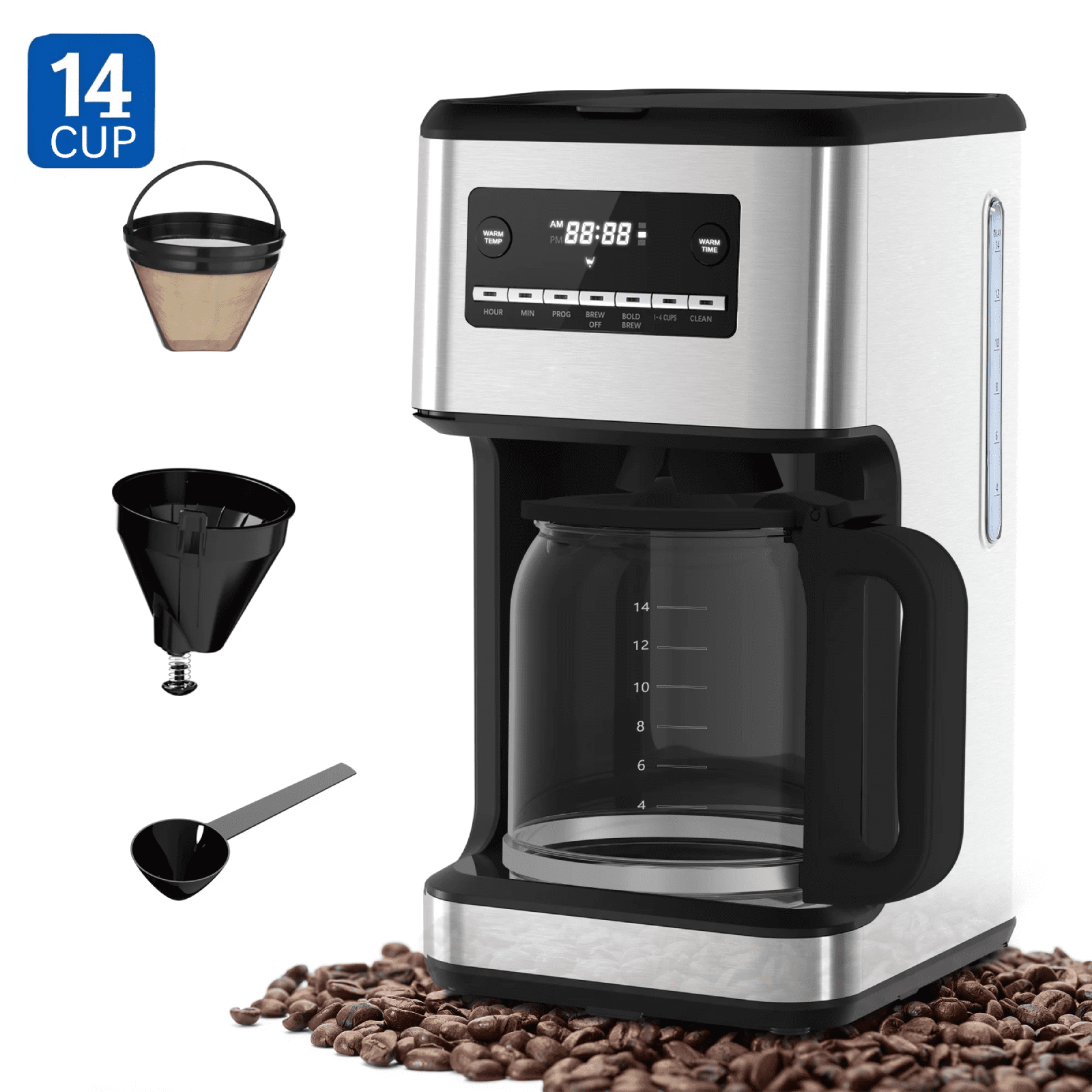 Auseo 14-Cup Programmable Coffee Maker - 24Hr Brew Scheduling, Bold ...