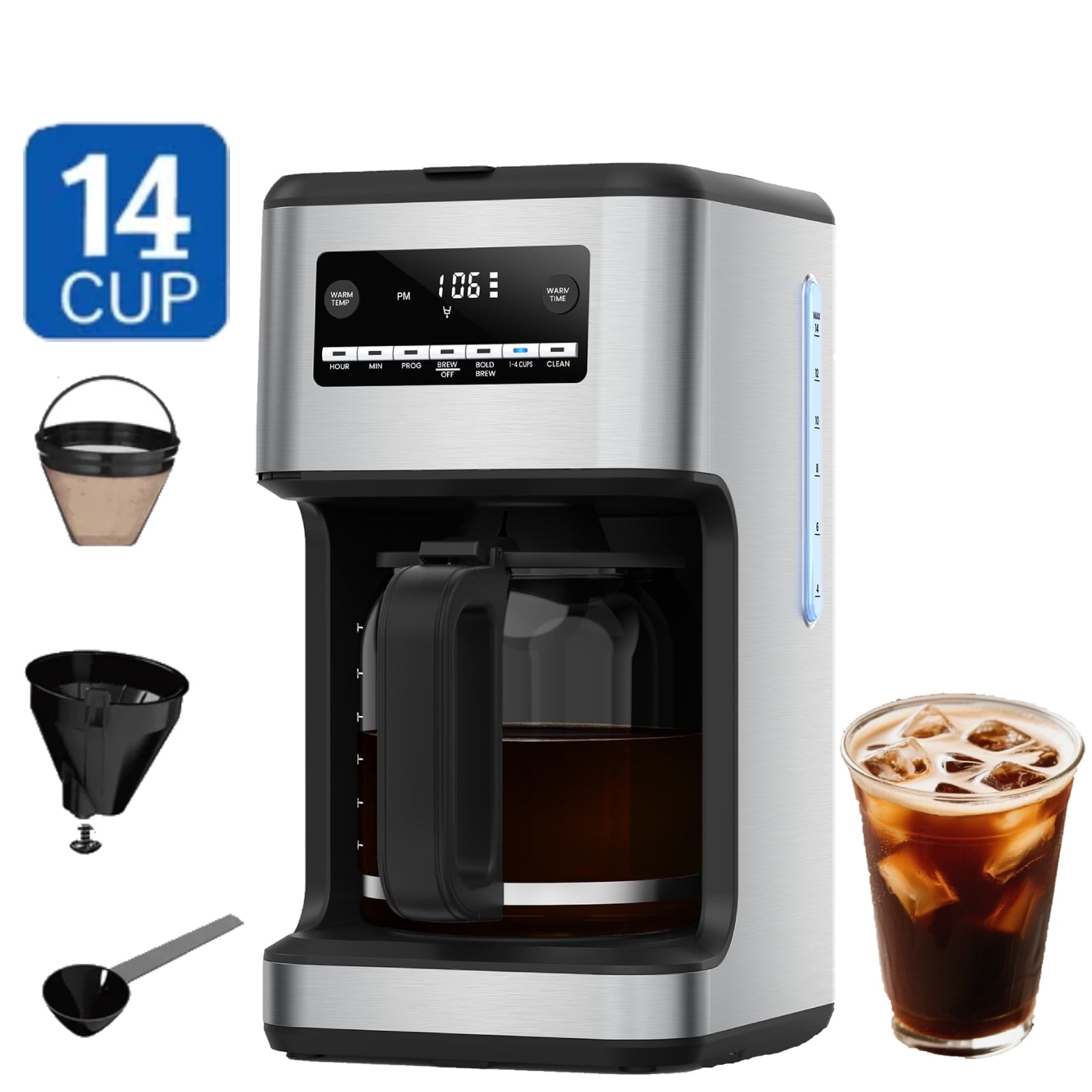 Auseo 14-Cup Programmable Drip Coffee Maker, Tea maker - 24Hr Brew Scheduling, Bold Brew & Self ...