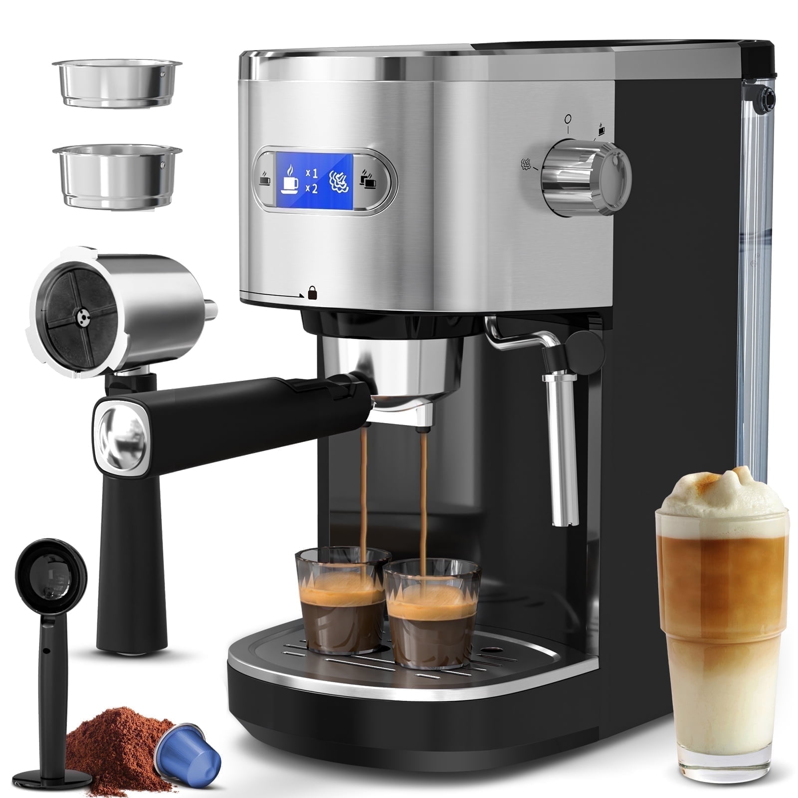 Auseo 20 Bar Espresso Coffee Maker, 1-2 Cup, Milk Frother, 45 OZ Water ...