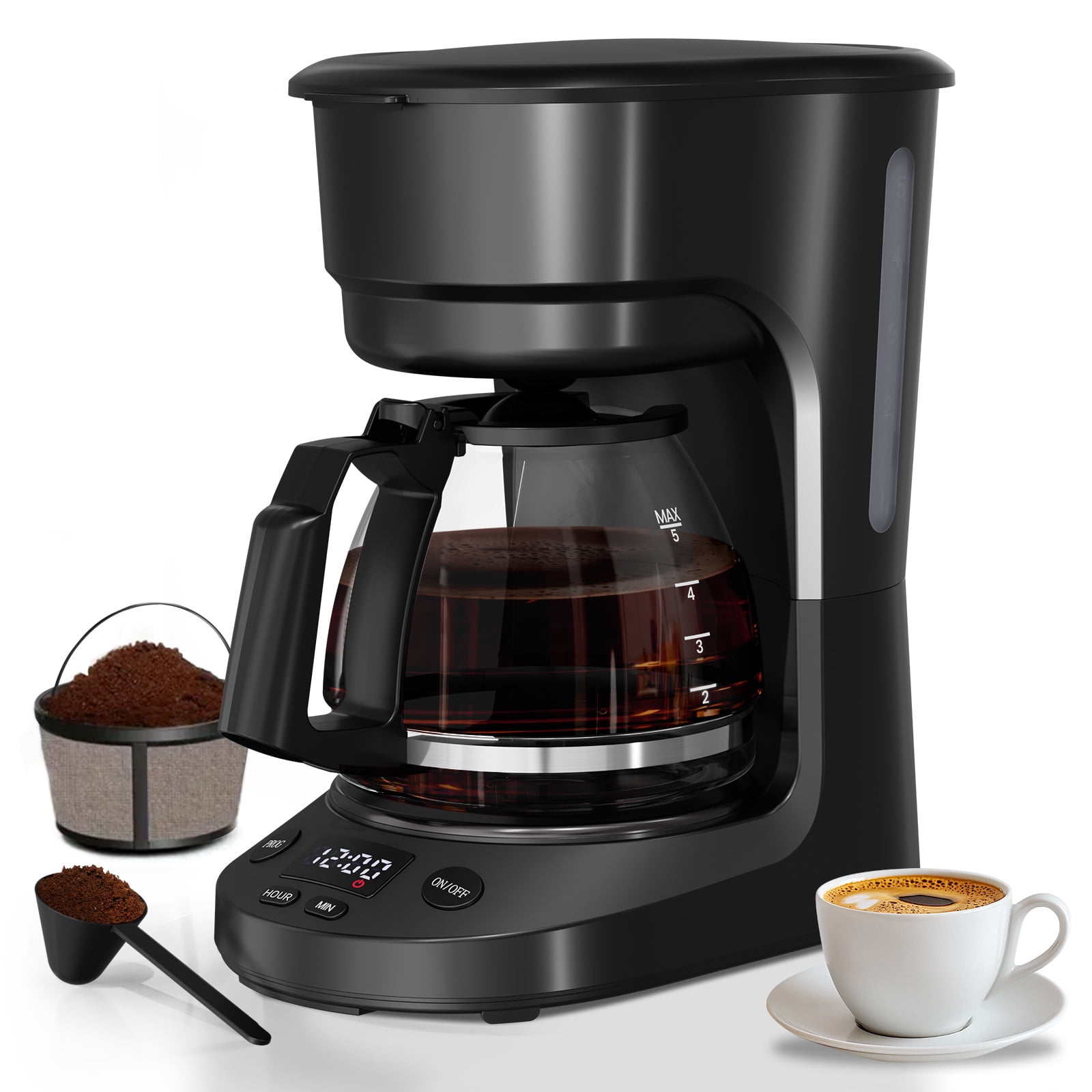 Auseo 5-Cup Drip Coffee Maker, Programmable Timer, 0.75L Glass Carafe ...