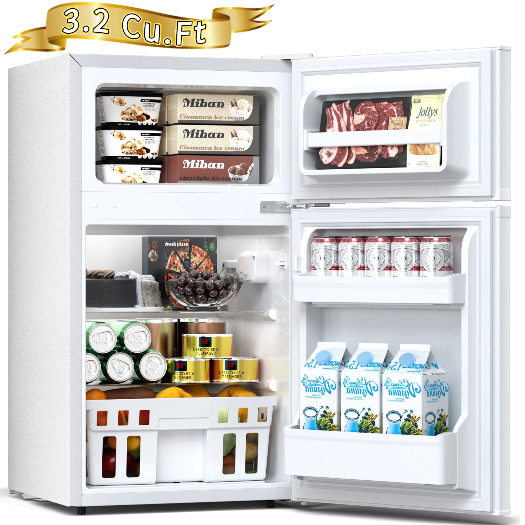 Auseo Compact Mini Fridge, 2-Door, 3.2 Cu.Ft, Adjustable Temperature ...