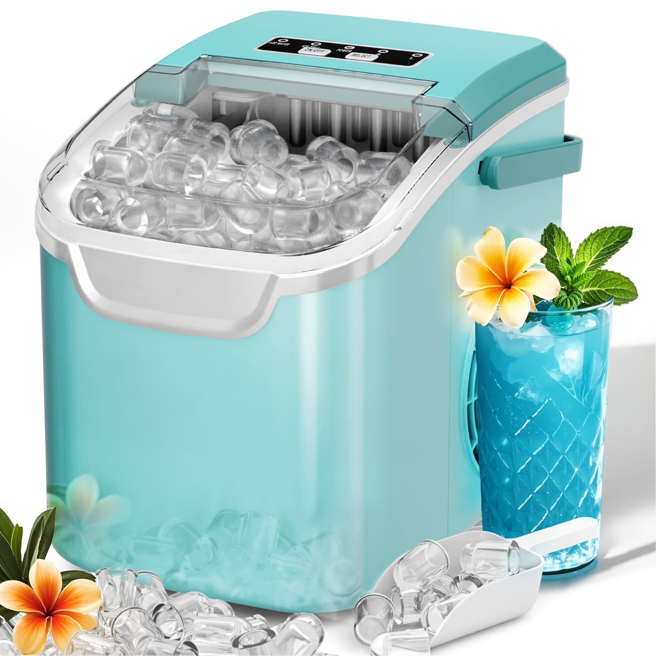 AUSEO Countertop Portable Ice Maker with Self-Cleaning 26Lbs/24H 9 Bullet Shaped Ice Cubes in 6 ...